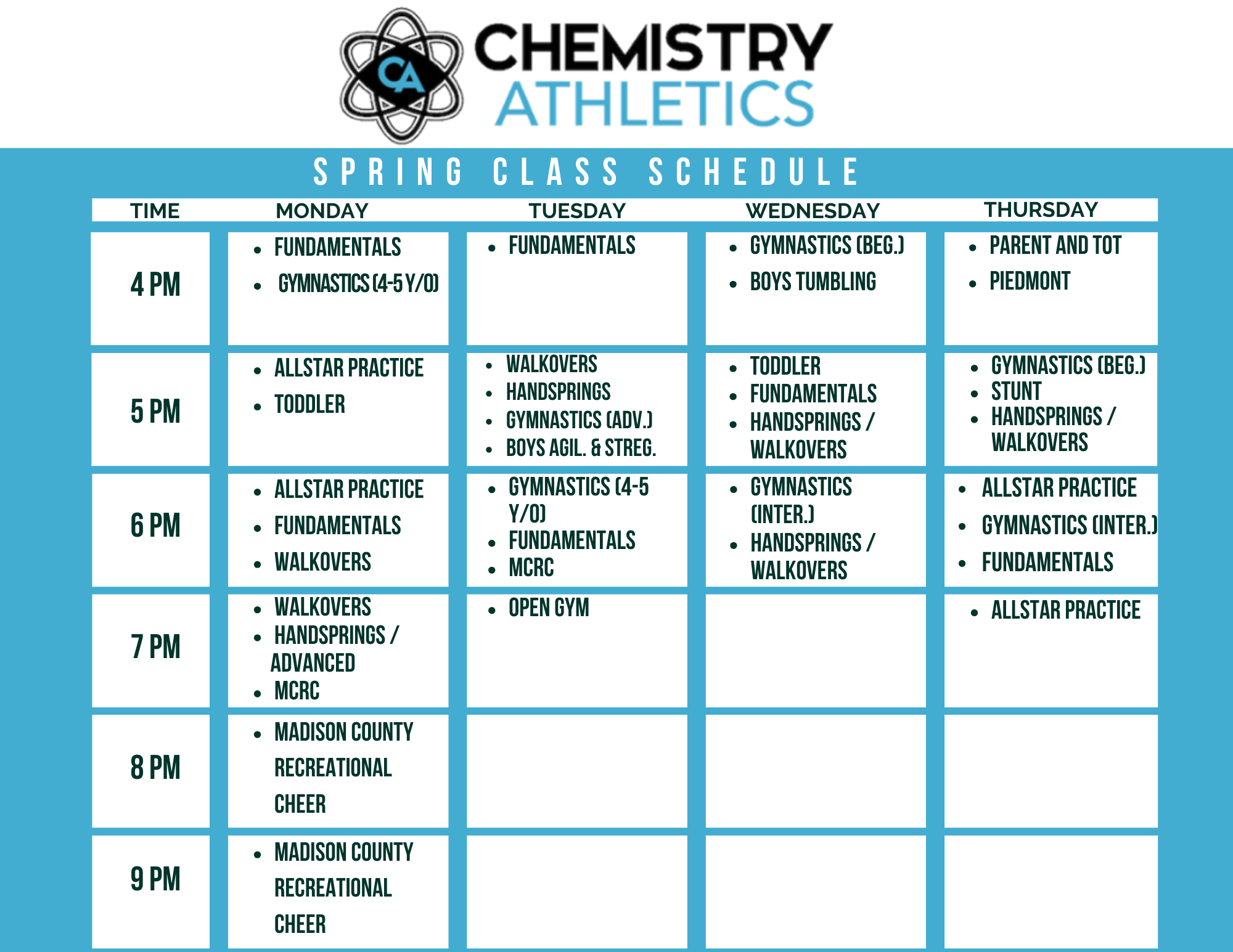 Chemistry Athletics - Class Schedule