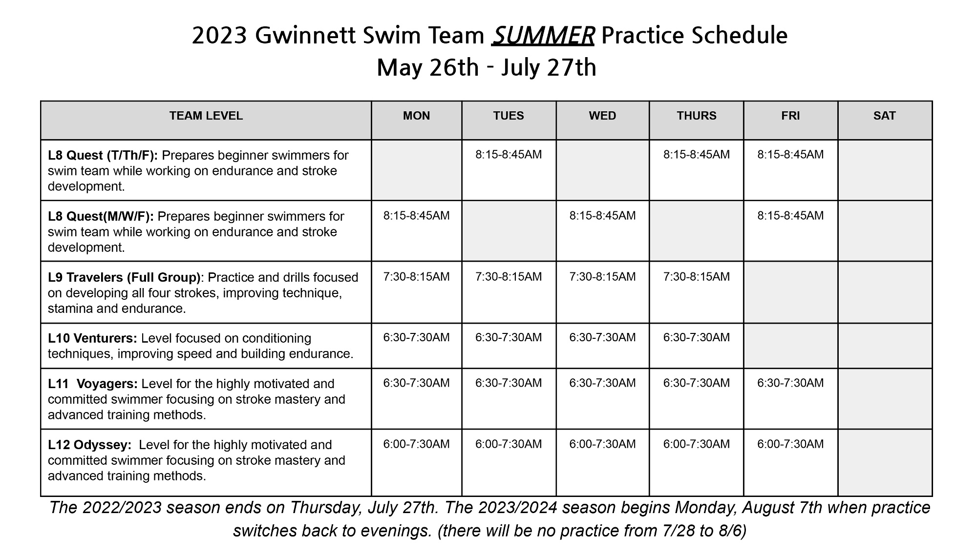 Summer Practice Schedule