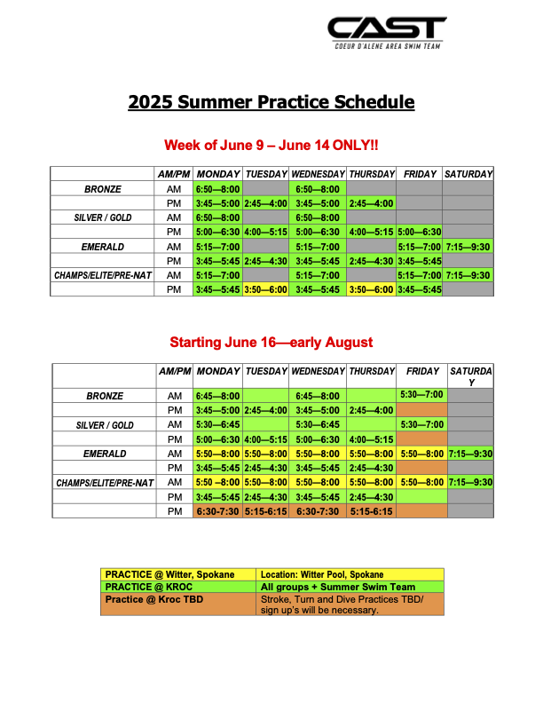 Coeur d'Alene Area Swim Team - 2025 Summer Practice Schedule