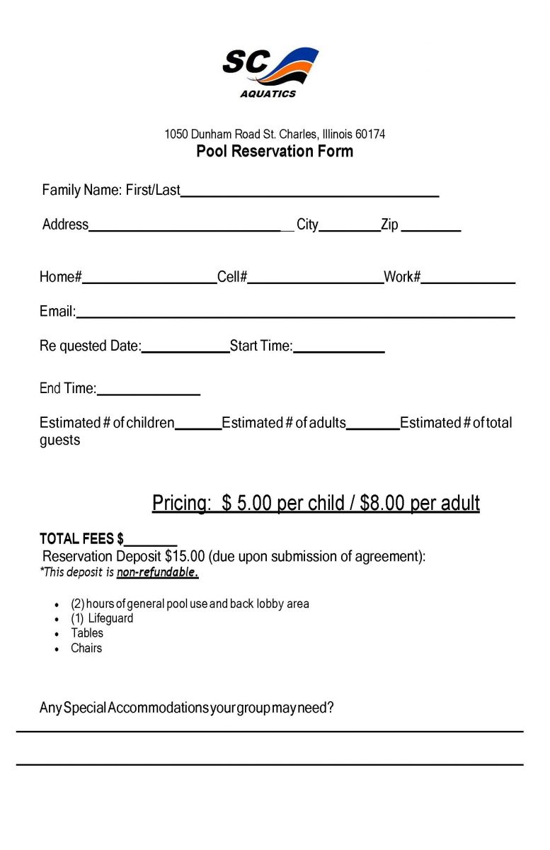 St. Charles Swim Team - Pool Party Reservation Form