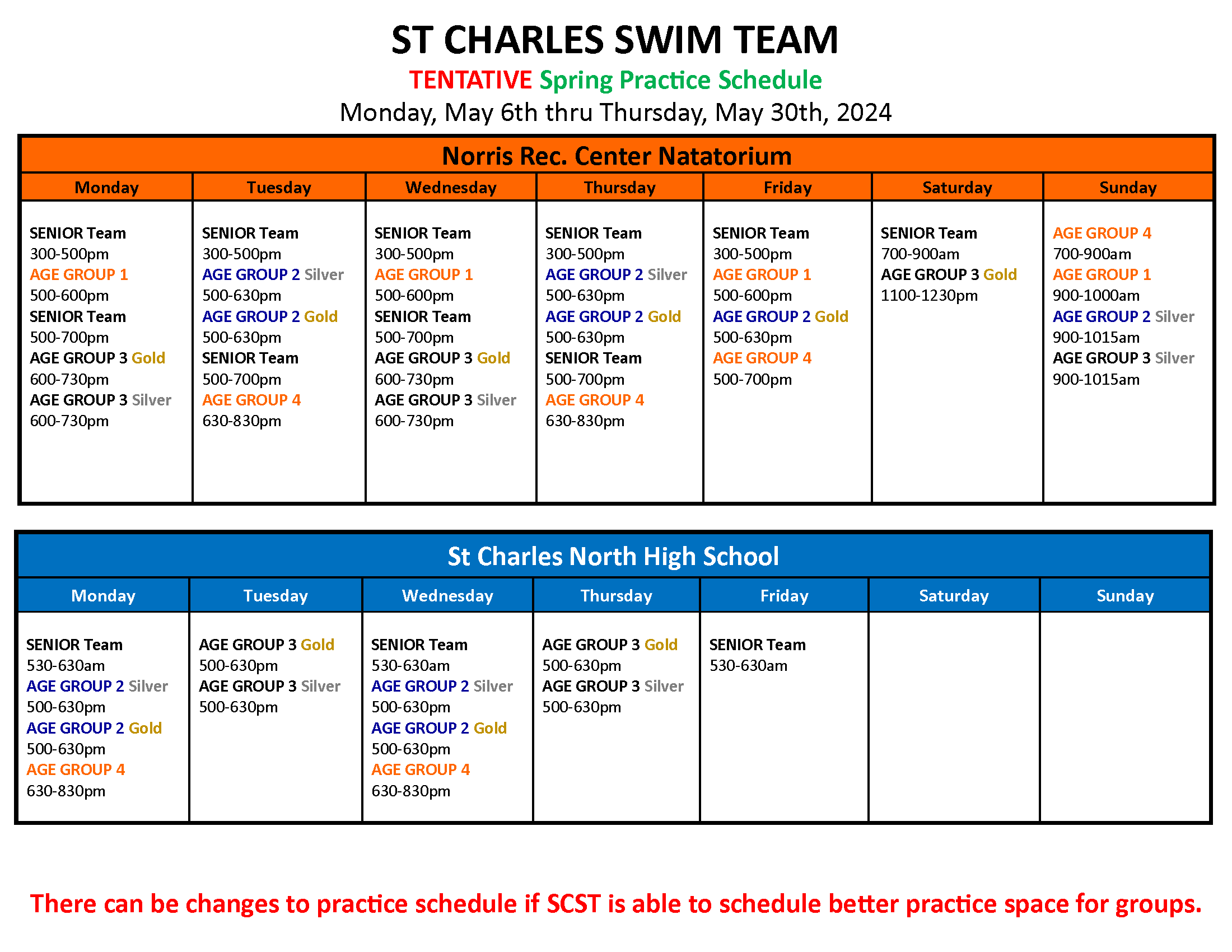SCST PRACTICE CANCELLATIONS / CHANGES