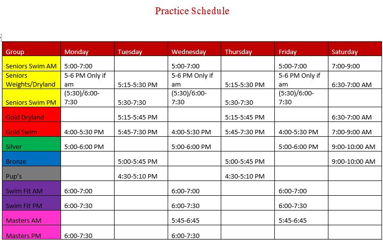 Stingray Swim Club - School Year Schedule