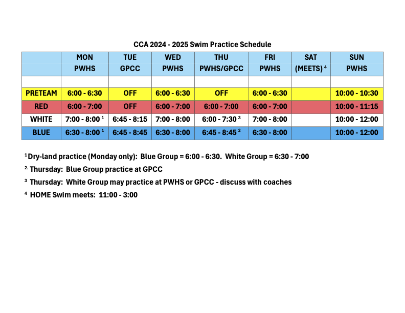 Colonial Community Aquatics - CCA Practice Schedule