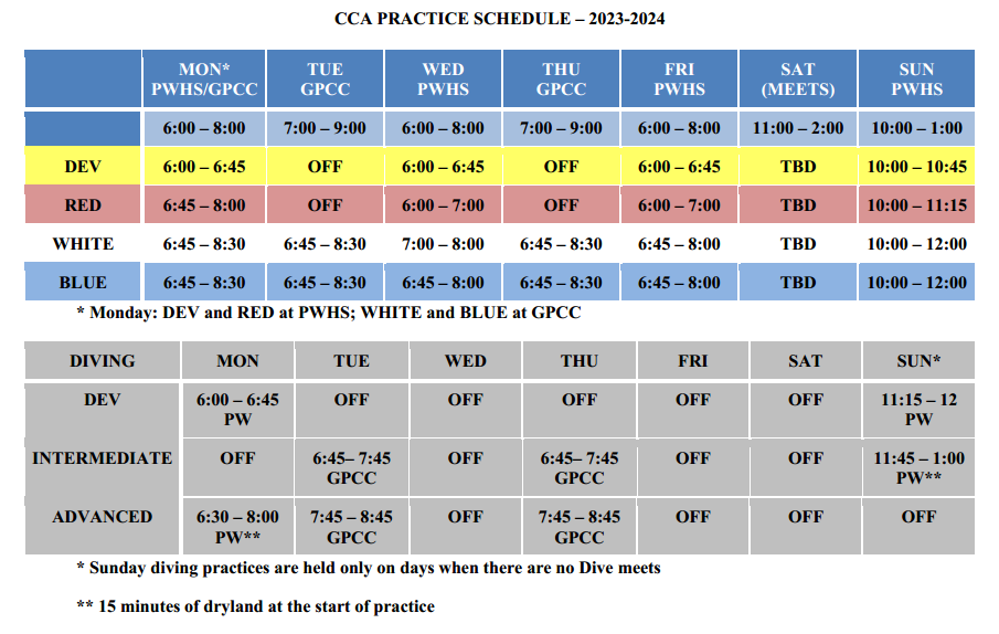 Colonial Community Aquatics - CCA Practice Schedule