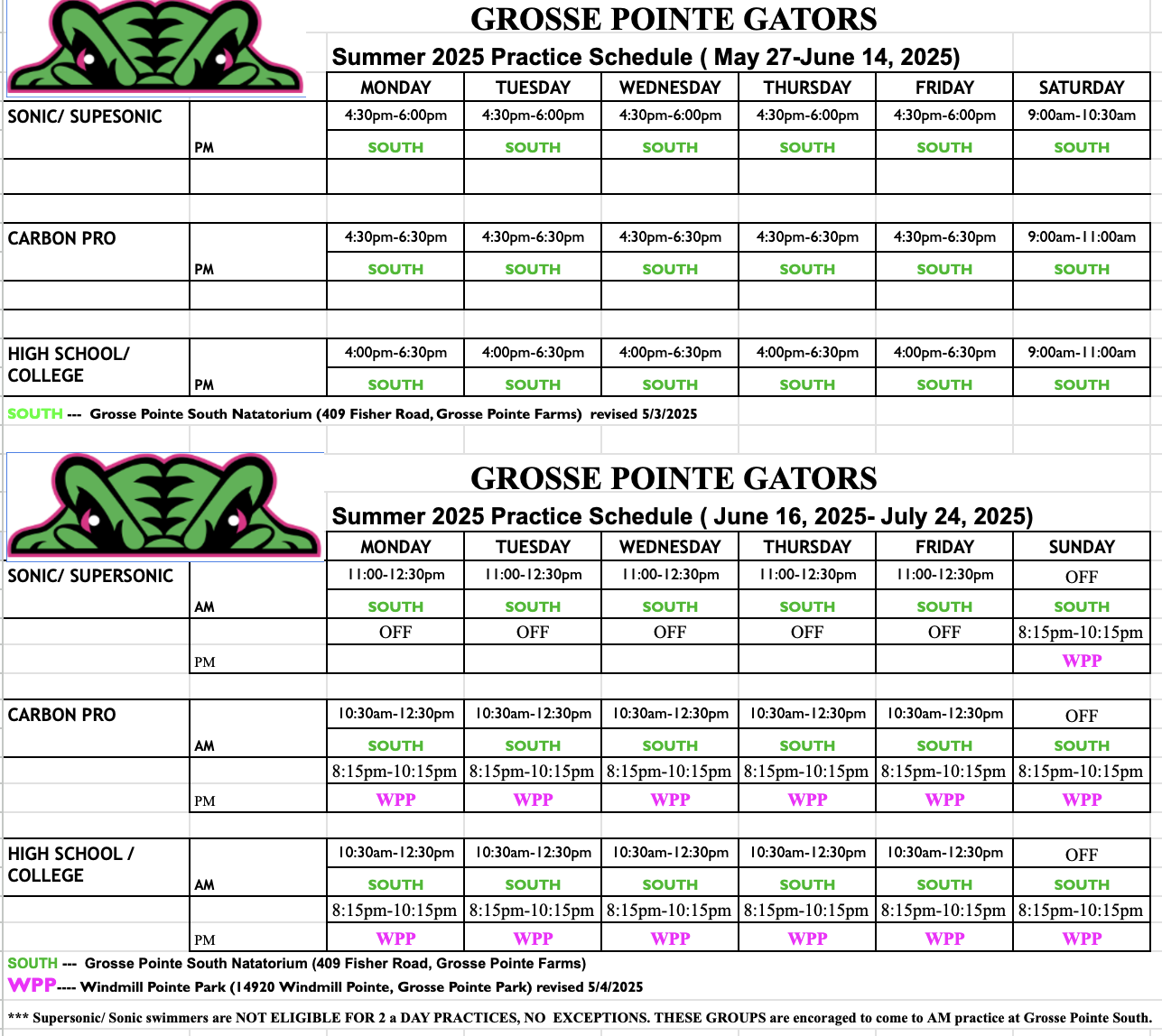 Grosse Pointe Gators - Fall 2022 Practice Schedule