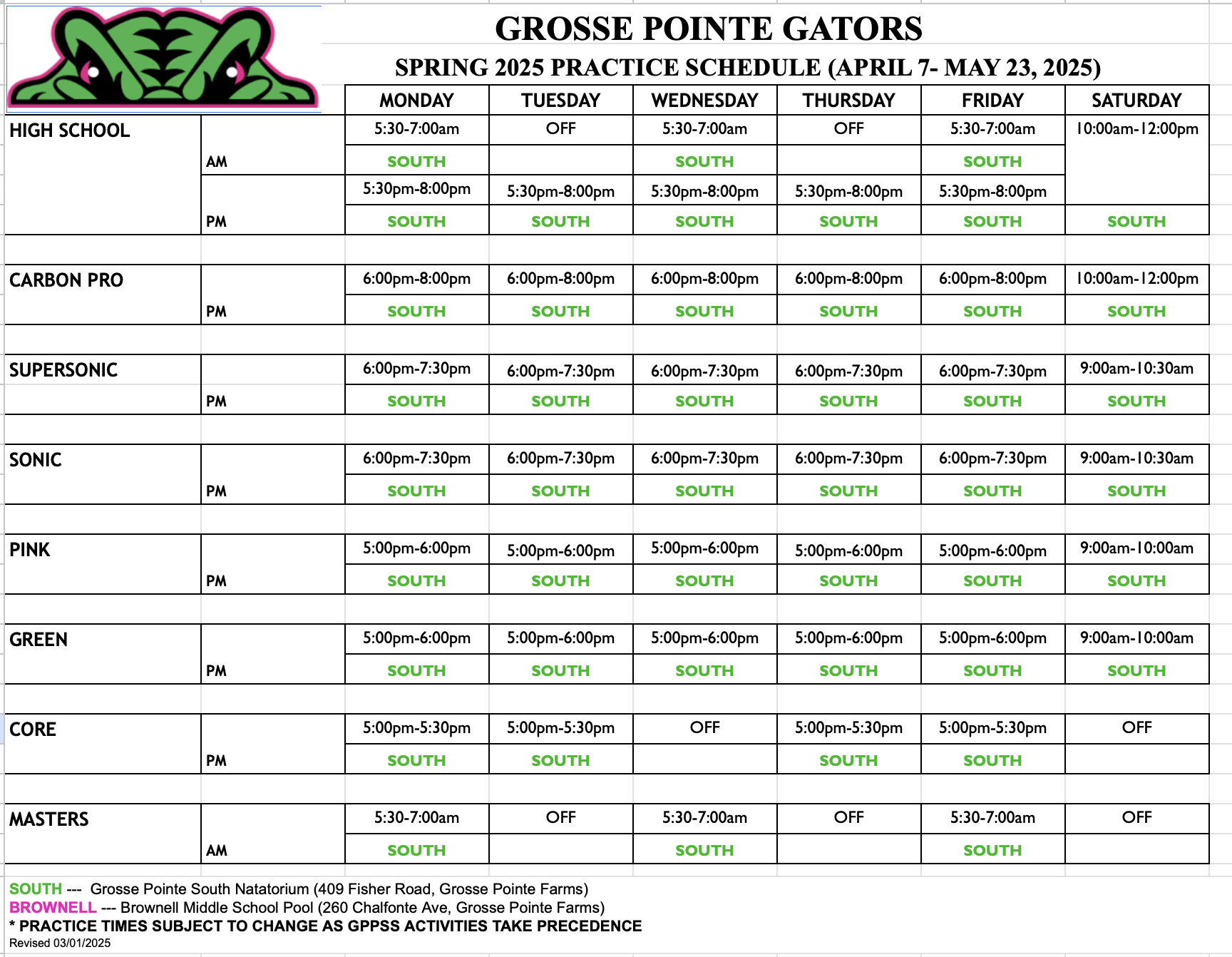 Grosse Pointe Gators - Fall 2022 Practice Schedule