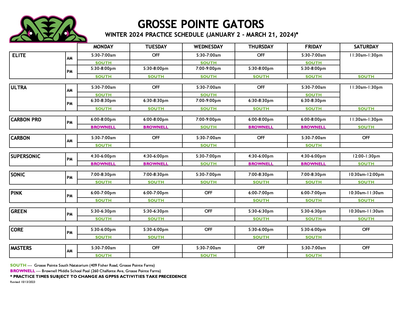 Grosse Pointe Gators - Fall 2022 Practice Schedule