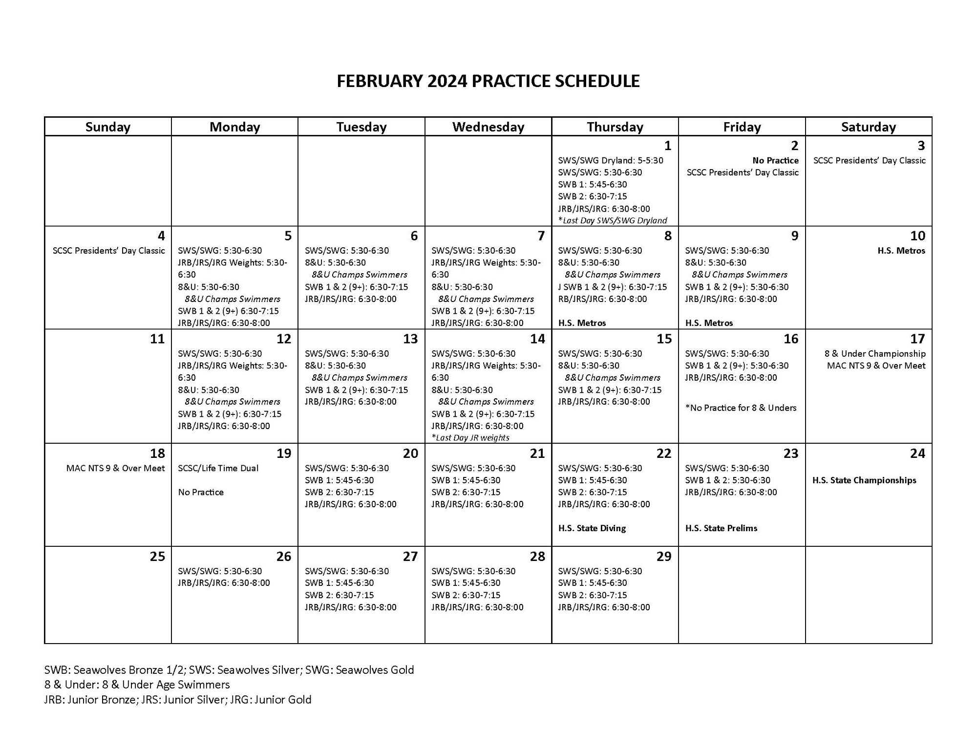 February Practice Schedule