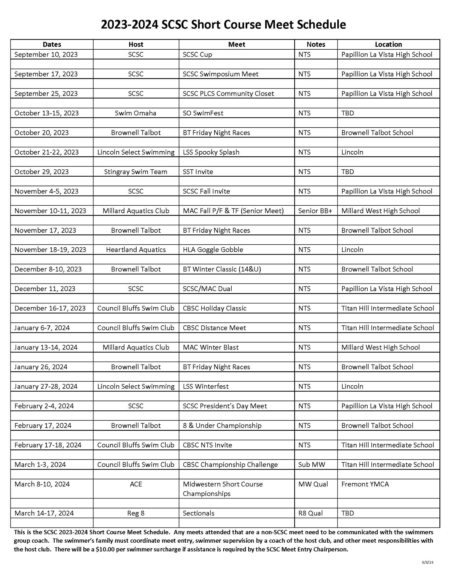 2023-2024 Short Course Meet Schedule