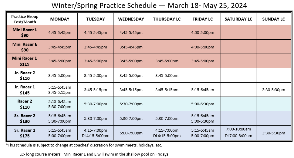 Rockwall Aquatic Center of Excellence - Practice Schedule