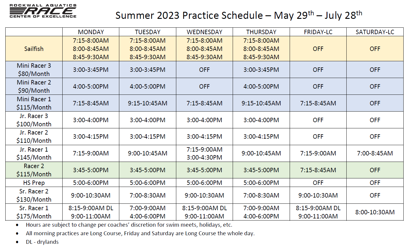 Rockwall Aquatic Center of Excellence - Practice Schedule