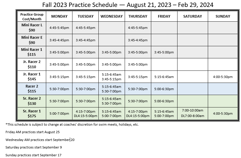 Rockwall Aquatic Center of Excellence - Practice Schedule