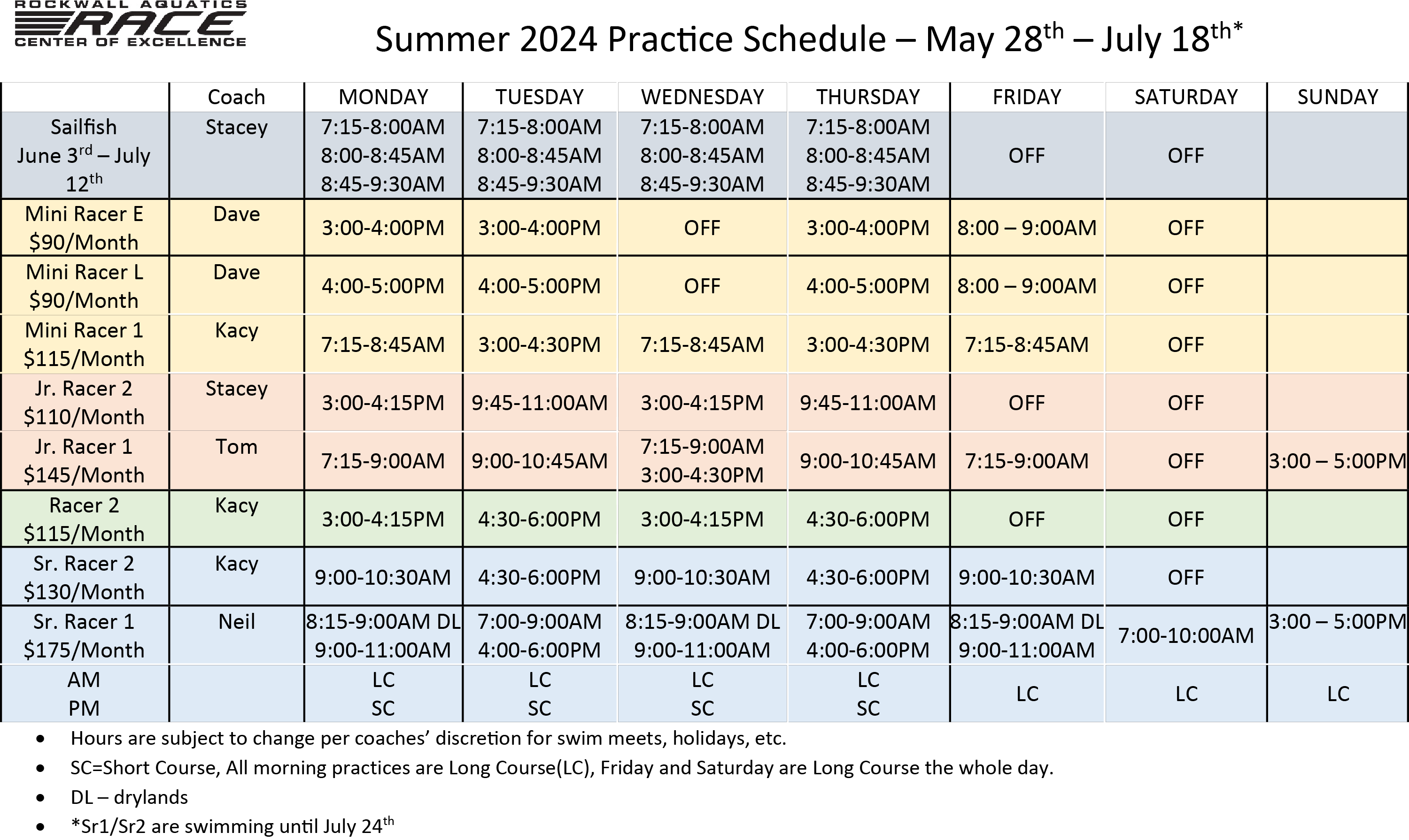 Rockwall Aquatic Center of Excellence - Practice Schedule