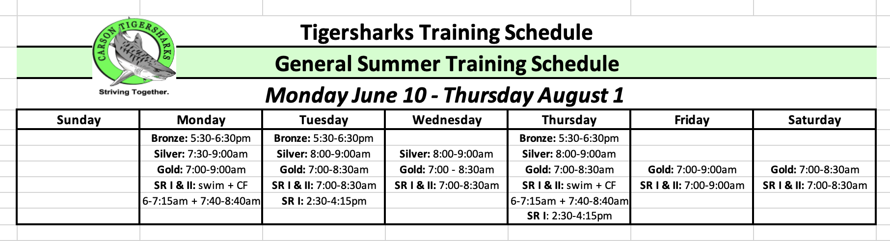 Summer Training Schedule and Competitions