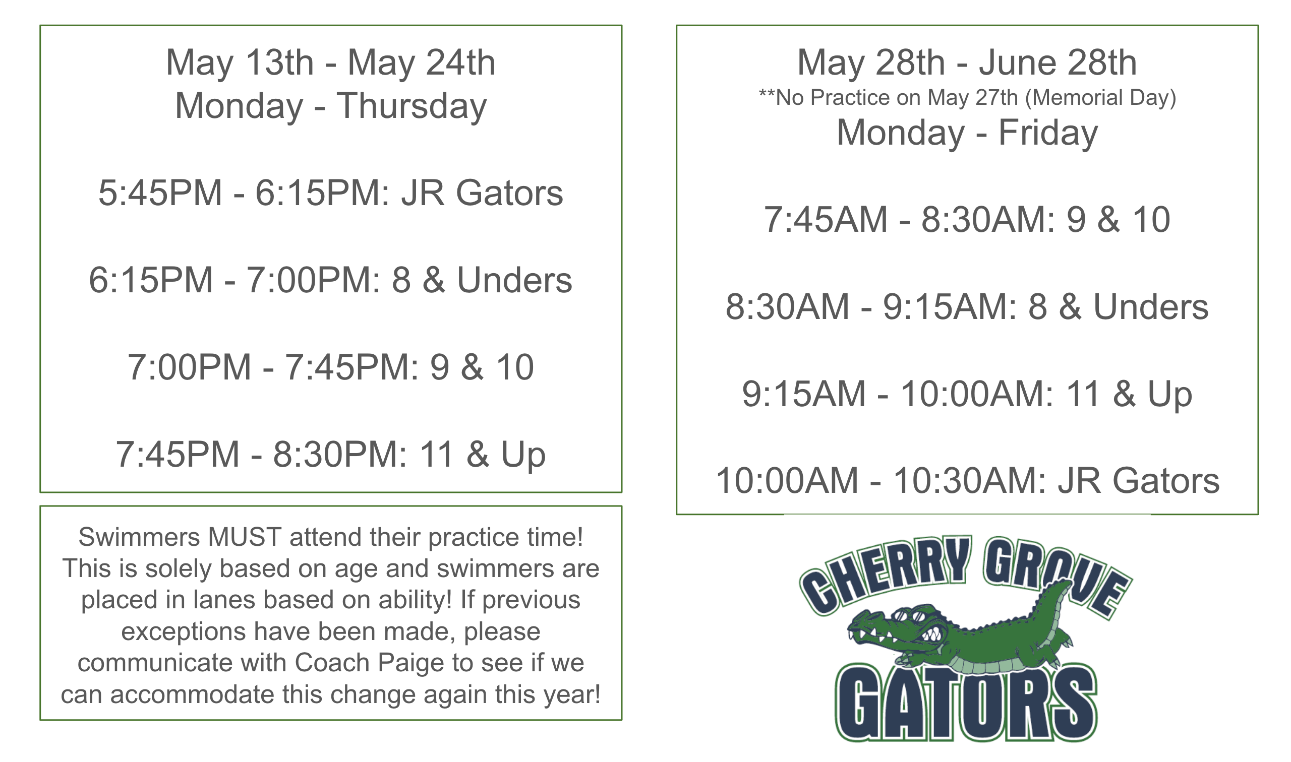 Cherry Grove Gators - Swim Groups/ Practice times