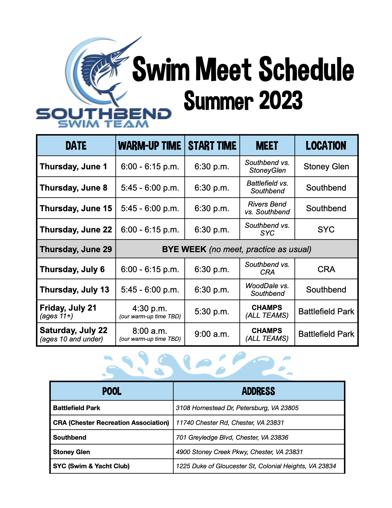 Southbend Swim Team - Meet Schedule 2023