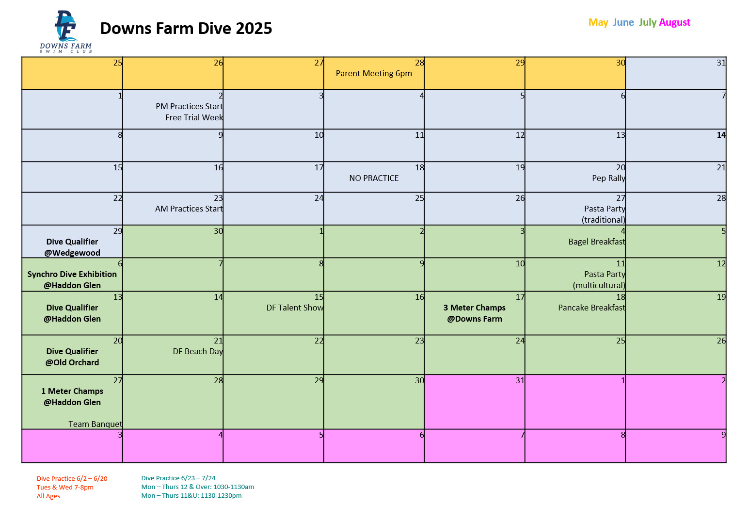 Downs Farm Swim Club - 2024 Dive Calendar