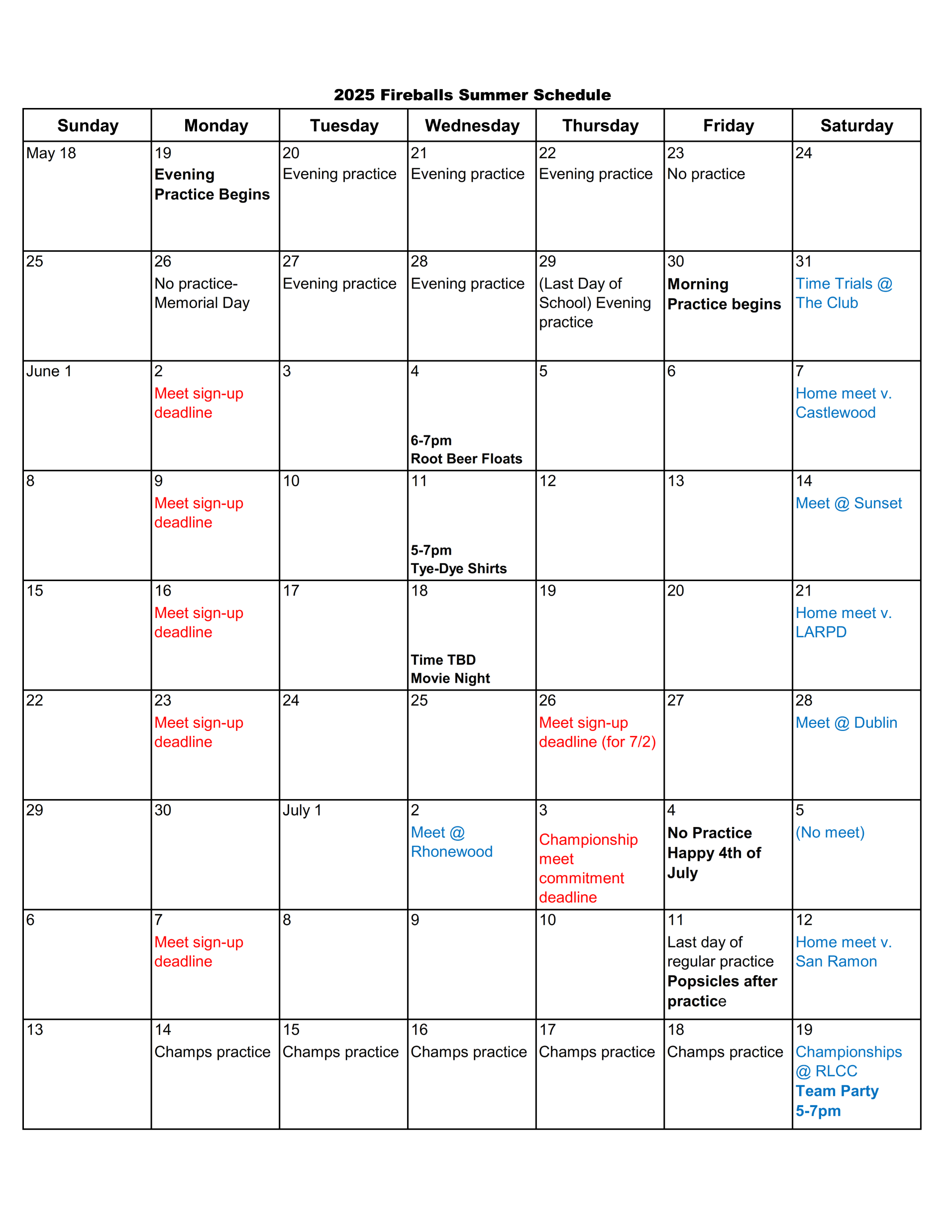 Livermore Fireballs Swim Team - 2025 Calendar