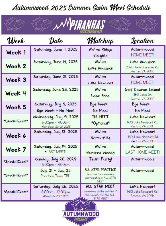 Autumnwood Piranhas - 2025 Meet Schedule