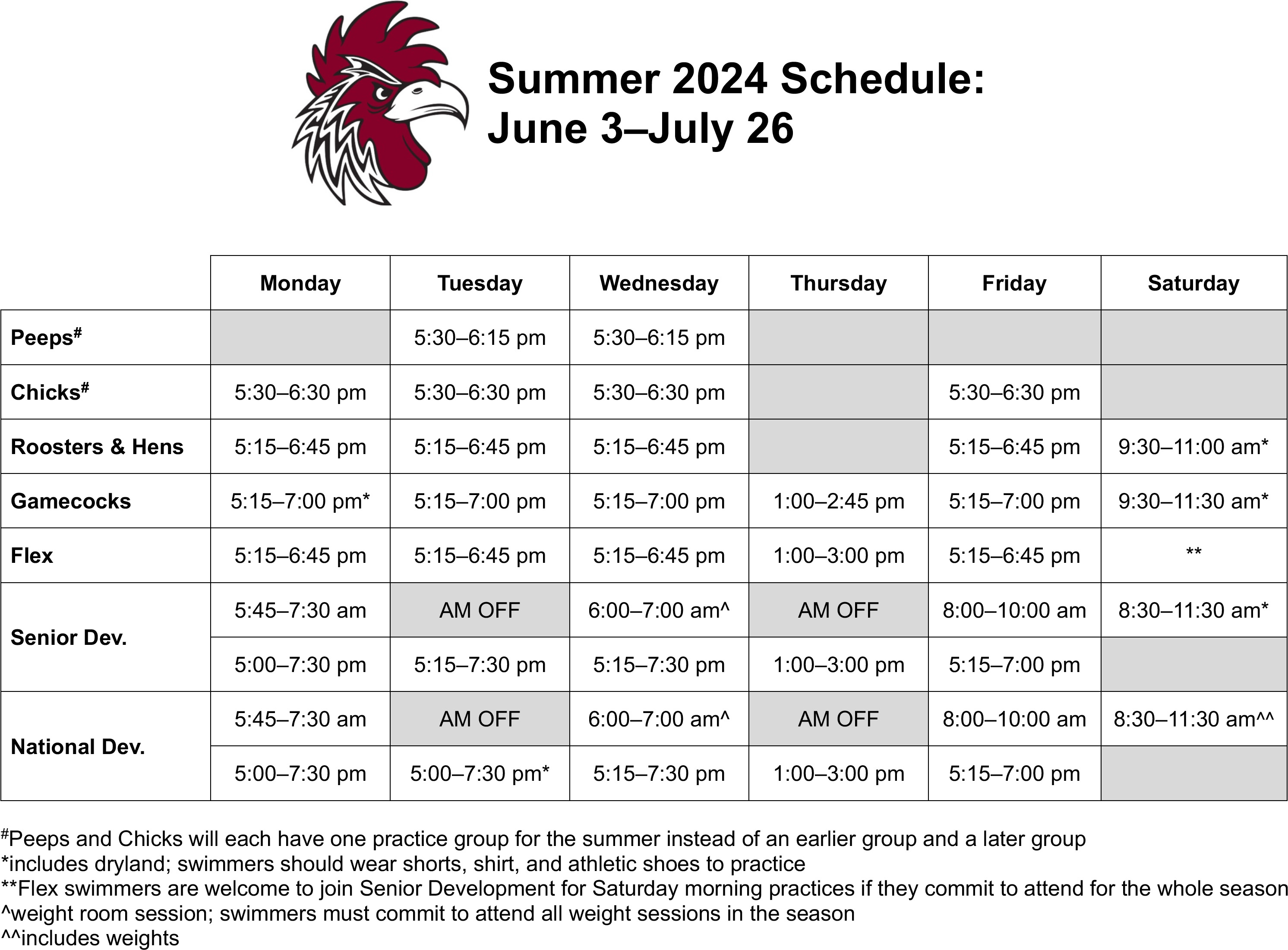 Gamecock Aquatics - 2024 Summer Training Schedule