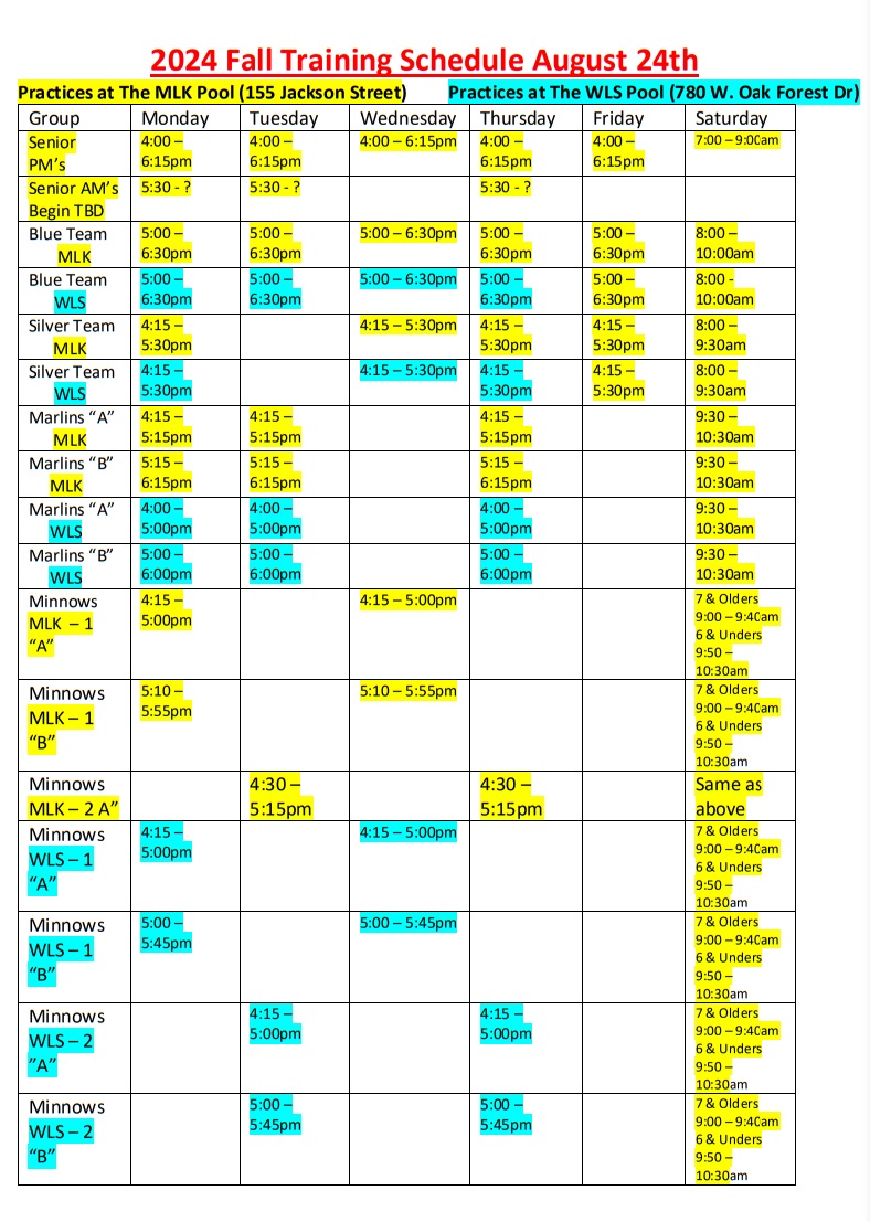 2024 FALL TRAINING SCHEDULE