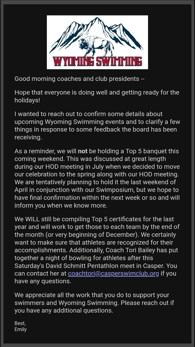 Update from Wyoming Swimming about Top 5 Banquet/Certificates