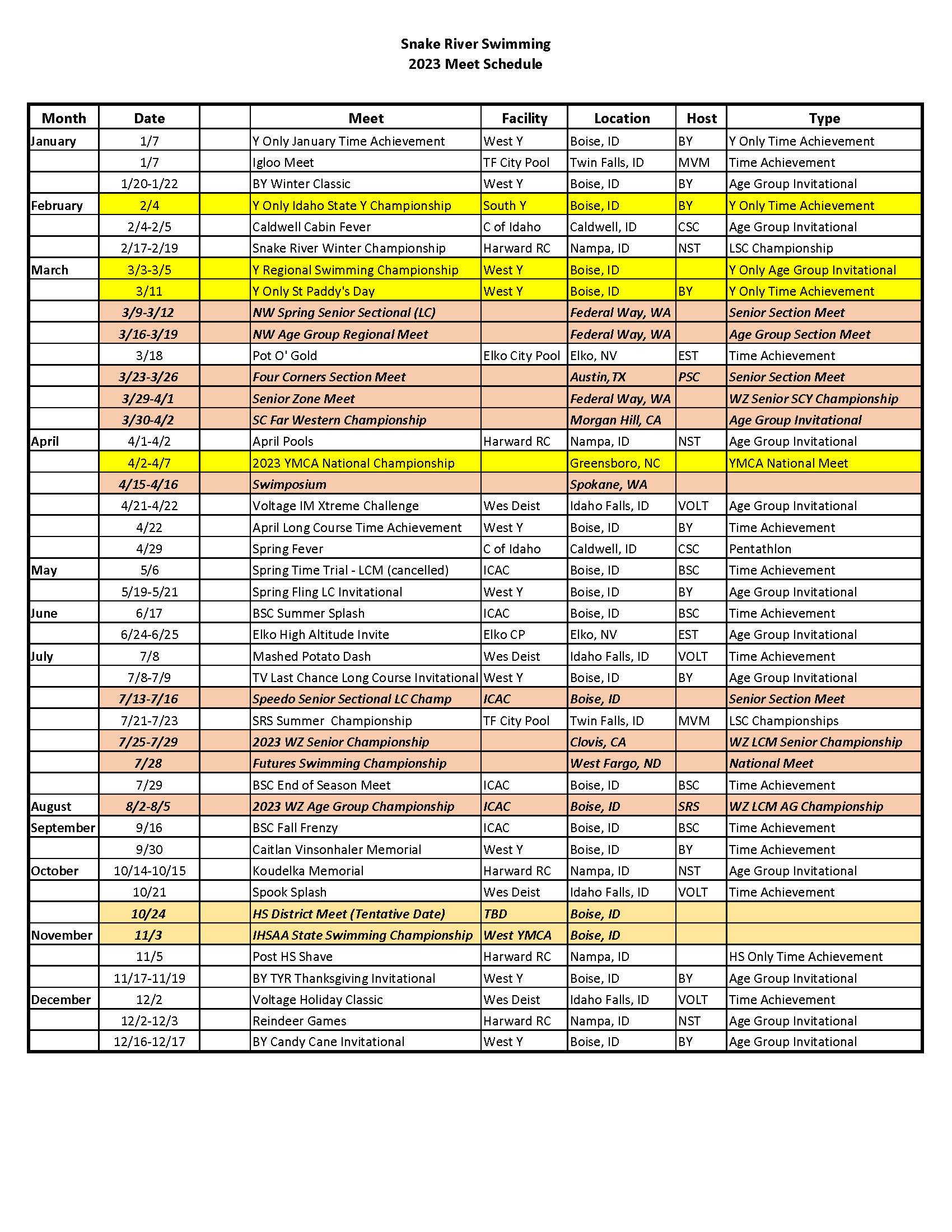 Snake River Swimming - 2023 Swim Meet Schedule
