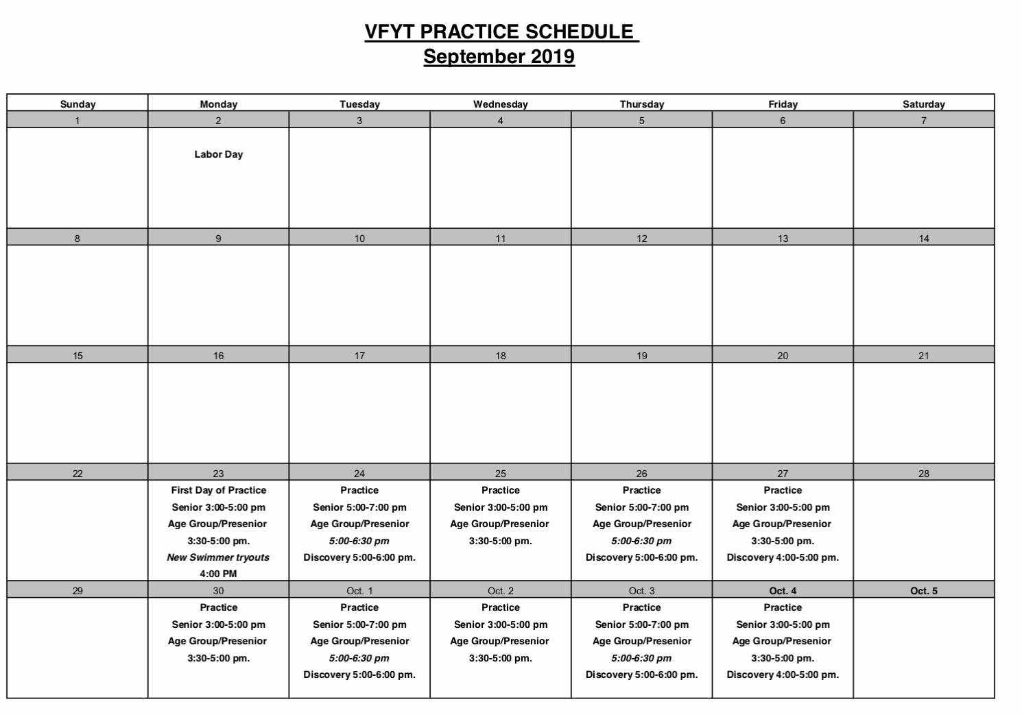 VFYT-LE - Practice Schedule